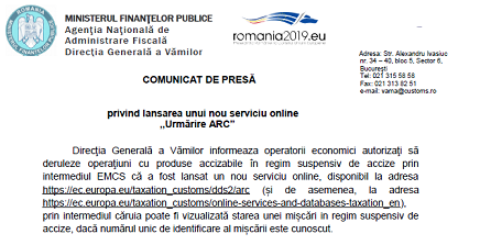 ANAF (DGV) – lansarea unui nou serviciu online ,,Urmărire ARC ...