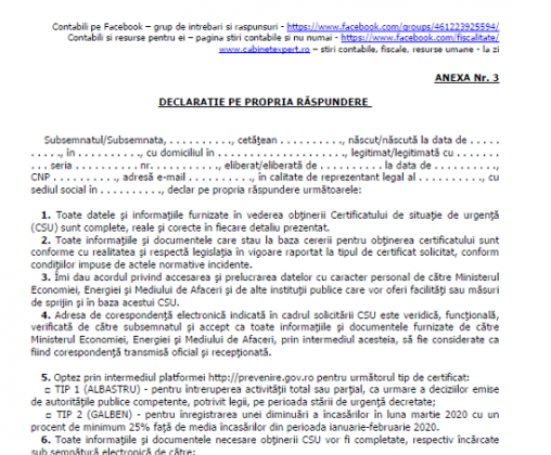 Anexa 3 la Ordin nr. 791/2020 – „Declarație pe propria răspundere” – pentru obținere certificat ...