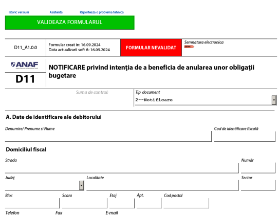 D11 – CERERE DE ANULARE a unor obligații bugetare/ NOTIFICARE privind ...